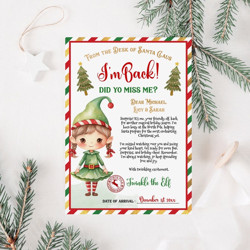 Editable Elf is Back Letter Printable Elf Arrival Letter I'm Back Girl ...