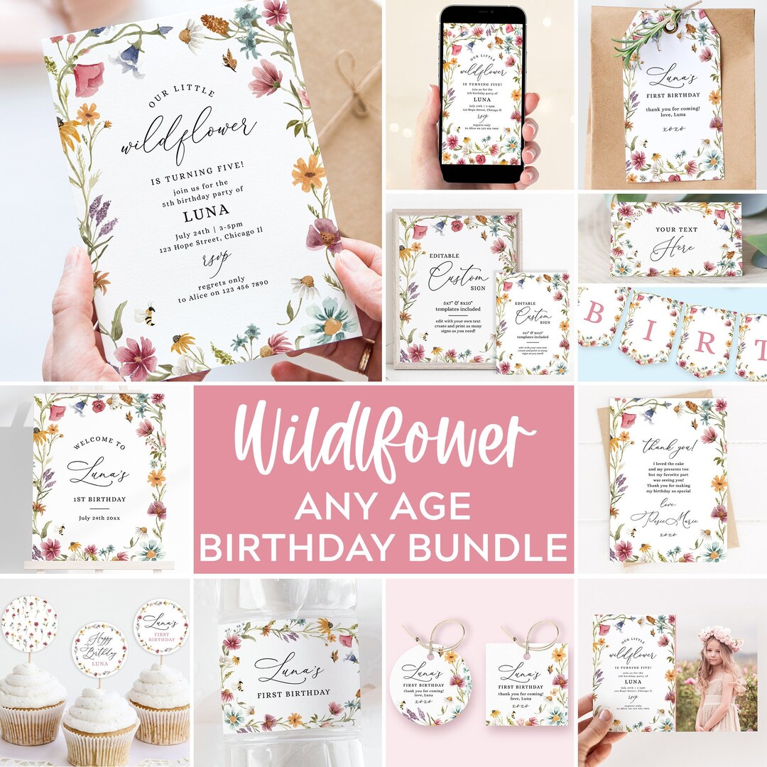 Editable Wildflower Birthday Bundle Templates Party Pack, Printable ...