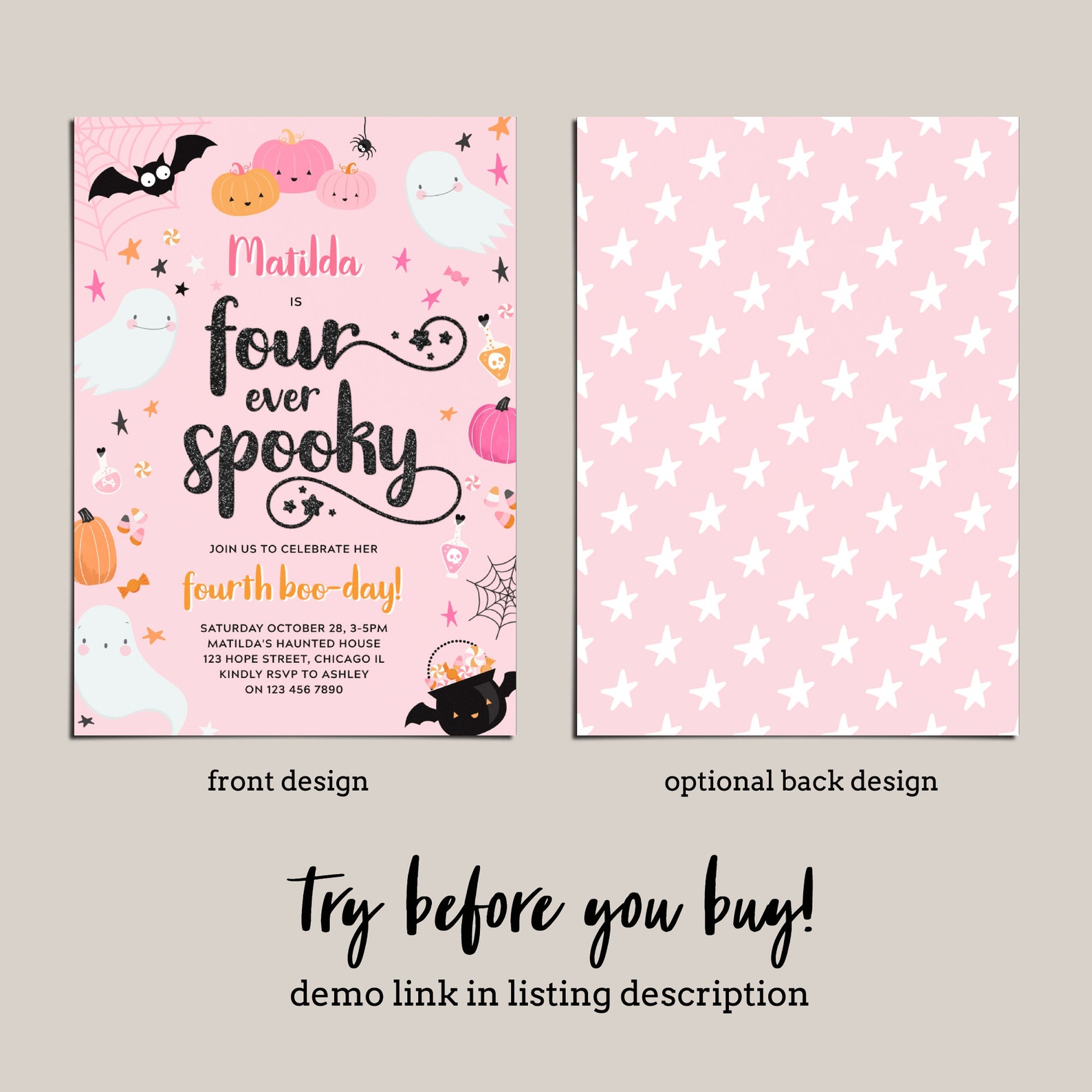 Four Ever Spooky Halloween 4th Birthday Invitation Cute Spooky Ghost ...