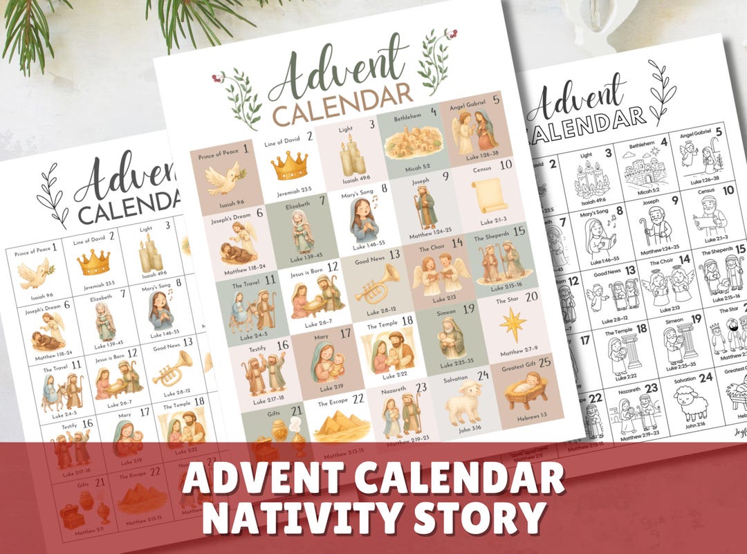 Advent Calendar Printable Nativity Story Coloring Page Plus 25 Bible ...