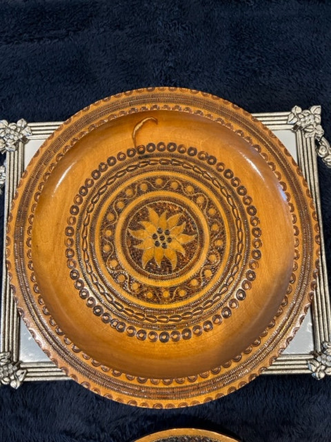 Set of 2 Vintage Hand Carved Wood Plates With Brass Threading Likely ...