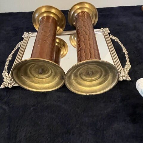 Vintage /MCM Brass and Leather Candlestick & Pillar Candle - Etsy