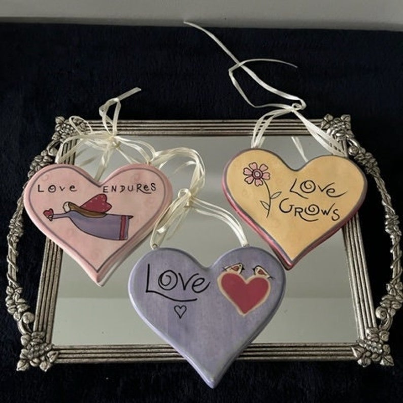 3 Vintage RUSS Heart Shaped Plaques-love Endures, Love Grows,love - Etsy