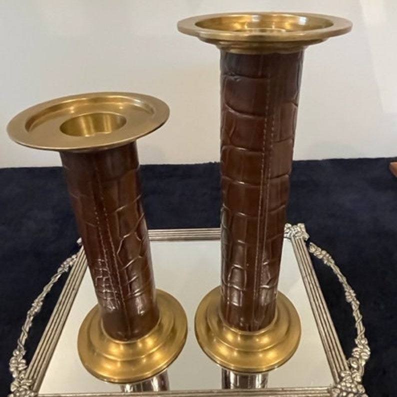 Vintage /MCM Brass and Leather Candlestick & Pillar Candle Holder - Etsy