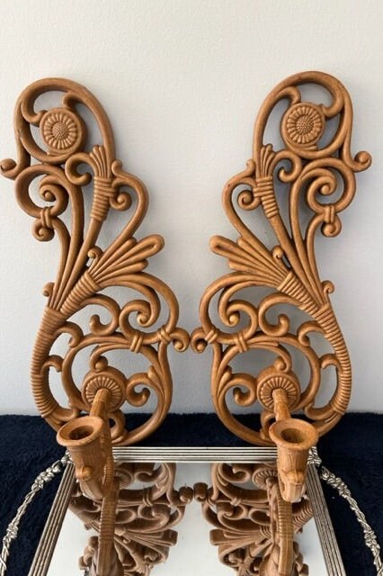 Set of 2 Vintage Syroco Ornate Sconces Homco Faux Rattan Ornate Sconces ...