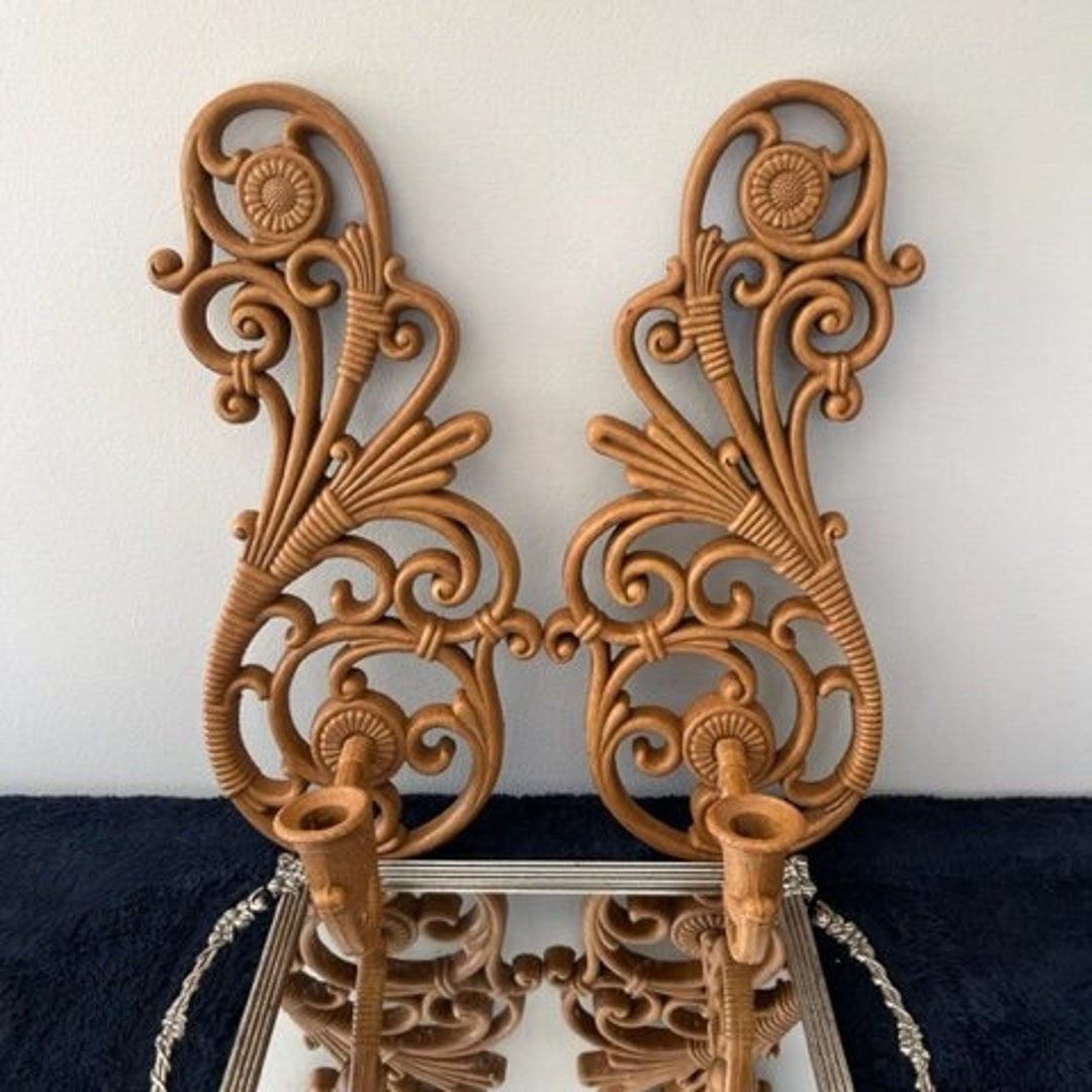 Set of 2 Vintage Syroco Ornate Sconces Homco Faux Rattan Ornate Sconces ...
