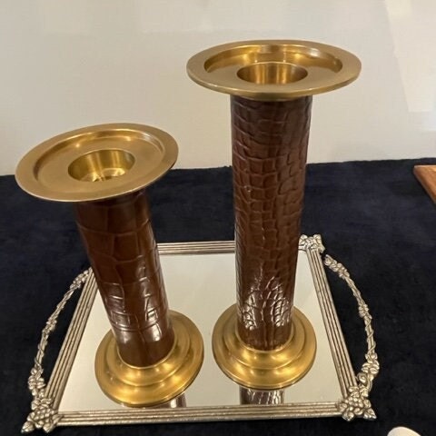 Vintage /MCM Brass and Leather Candlestick & Pillar Candle Holder - Etsy