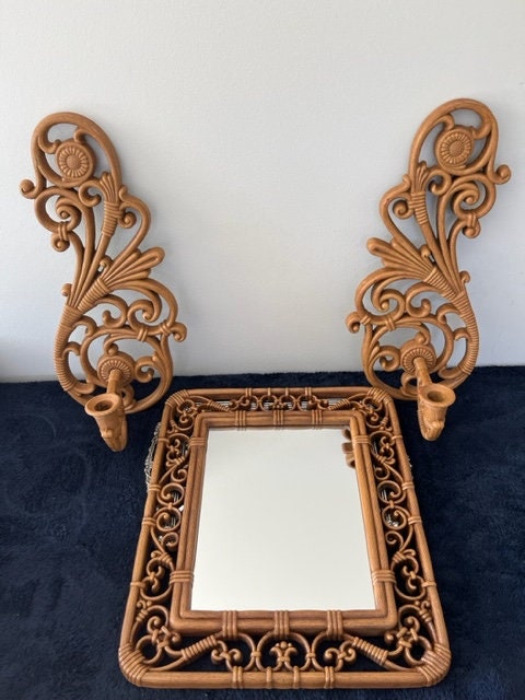 Set of 2 Vintage Syroco Ornate Sconces Homco Faux Rattan Ornate Sconces ...