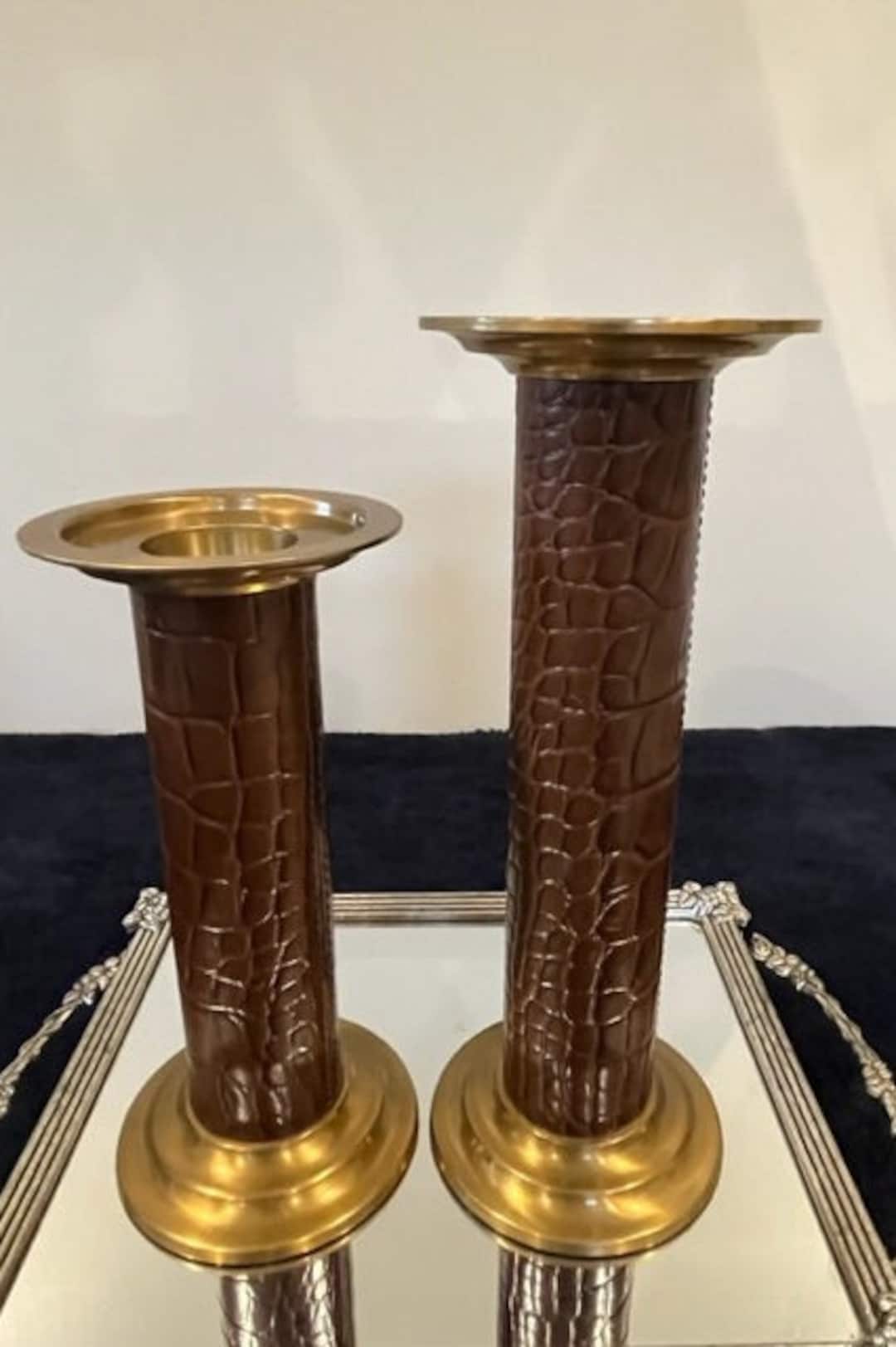 Vintage /MCM Brass and Leather Candlestick & Pillar Candle Holder - Etsy
