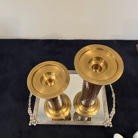 Vintage /MCM Brass and Leather Candlestick & Pillar Candle Holder - Etsy