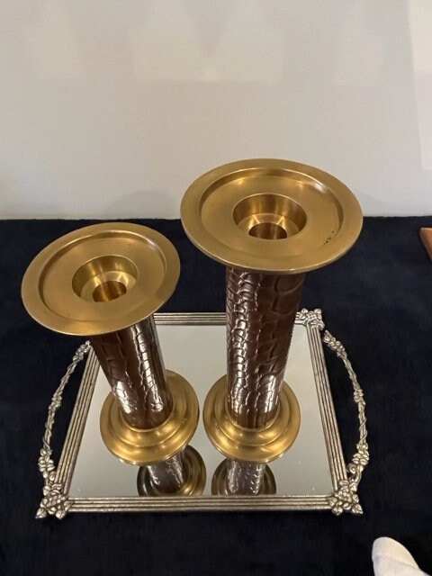 Vintage /MCM Brass and Leather Candlestick & Pillar Candle Holder - Etsy