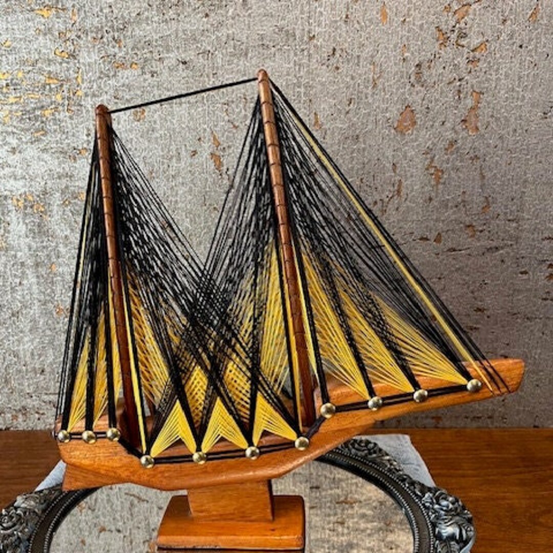 Vintage/mcm Wooden Sailboat With Black and Yellow Thread Sails Brass Tacks - Etsy