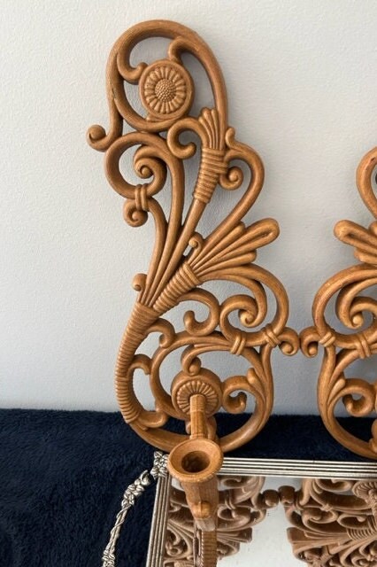 Set of 2 Vintage Syroco Ornate Sconces Homco Faux Rattan Ornate Sconces ...