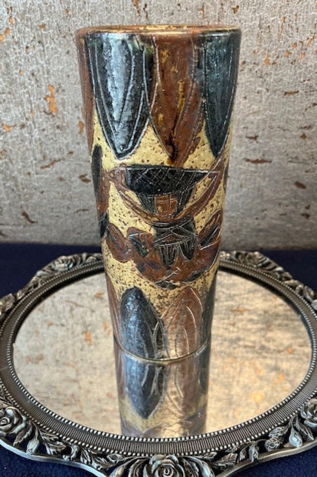 Vintage/mcm Black Brown Tan OMC Japanese Pottery Cylindrical Decorated ...
