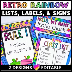 90s Retro Rainbow Editable Signs and Labels | Name Tags | Voice Level ...