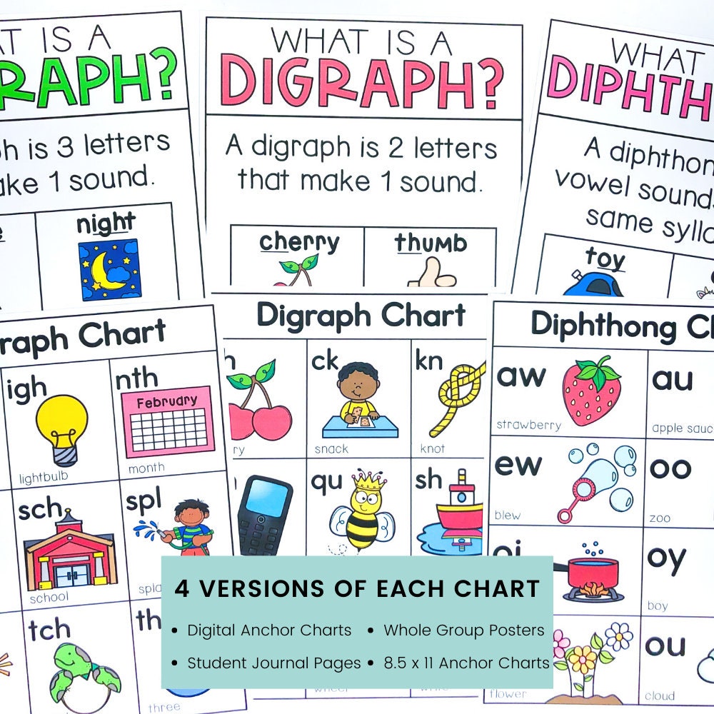 Digraph, Trigraph, and Diphthong Phonics Anchor Charts and Classroom ...