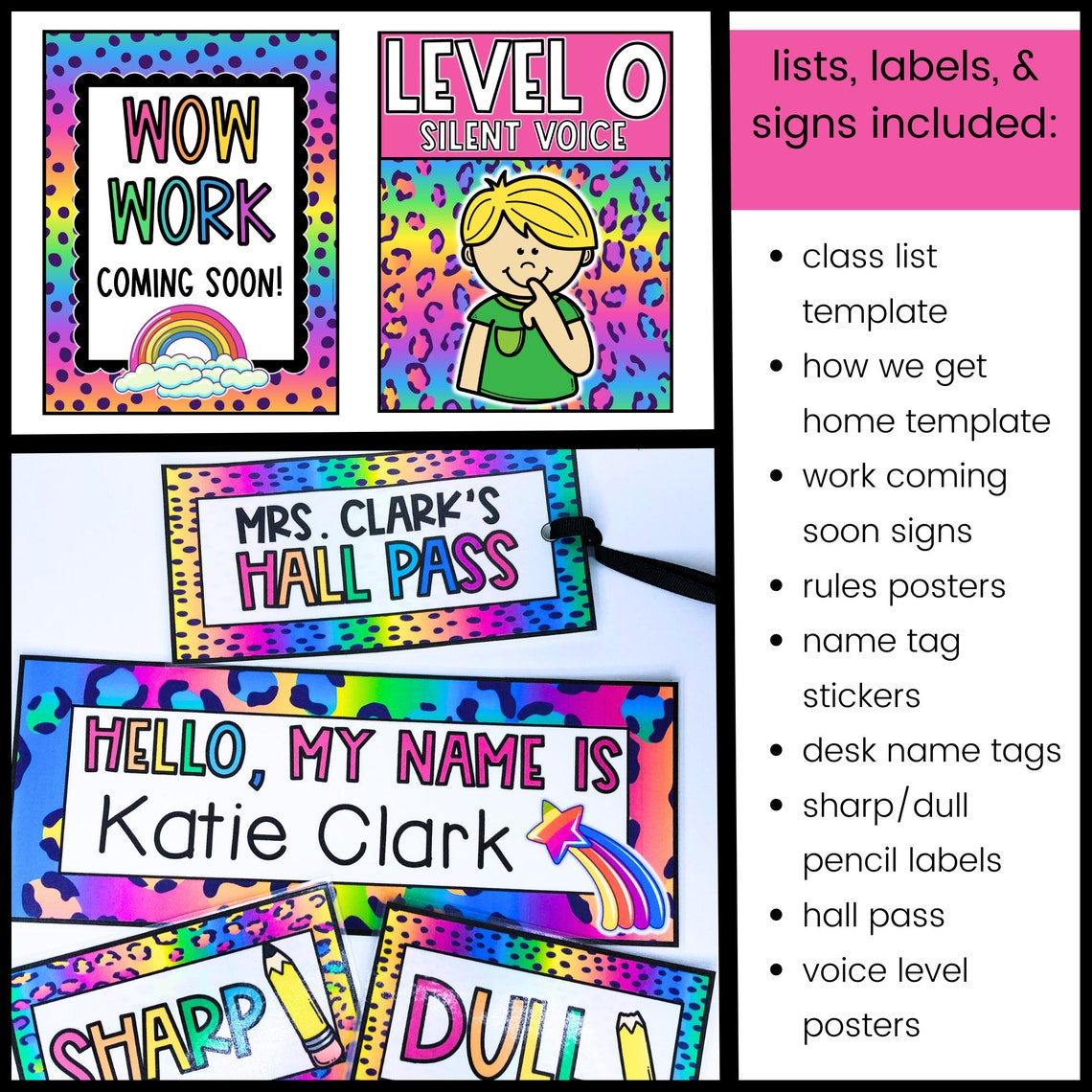90s Retro Rainbow Editable Signs and Labels Name Tags Voice Level ...