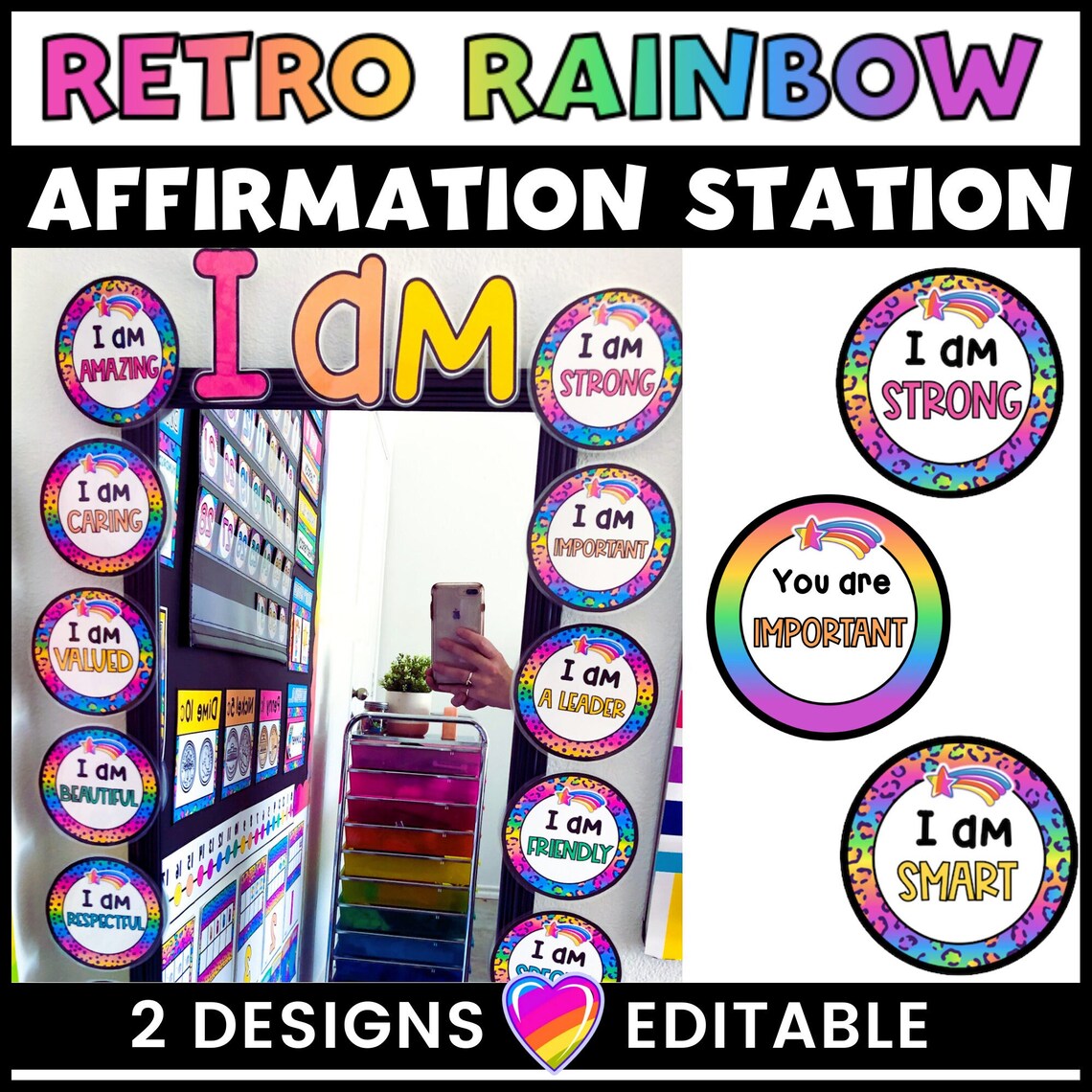90s Retro Rainbow Editable Affirmation Station | Classroom Decor - Etsy