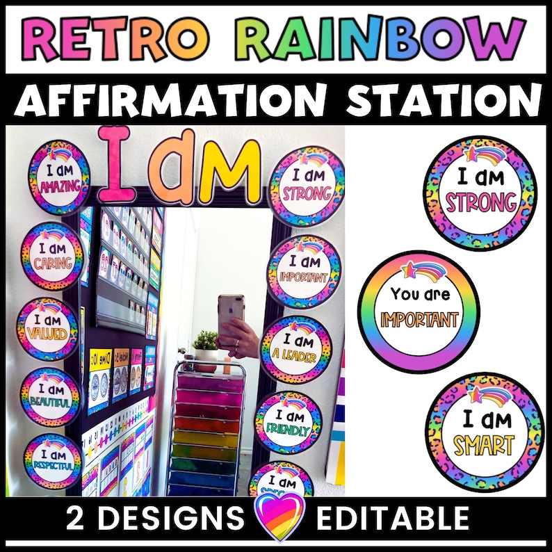 90s Retro Rainbow Editable Affirmation Station | Classroom Decor - Etsy
