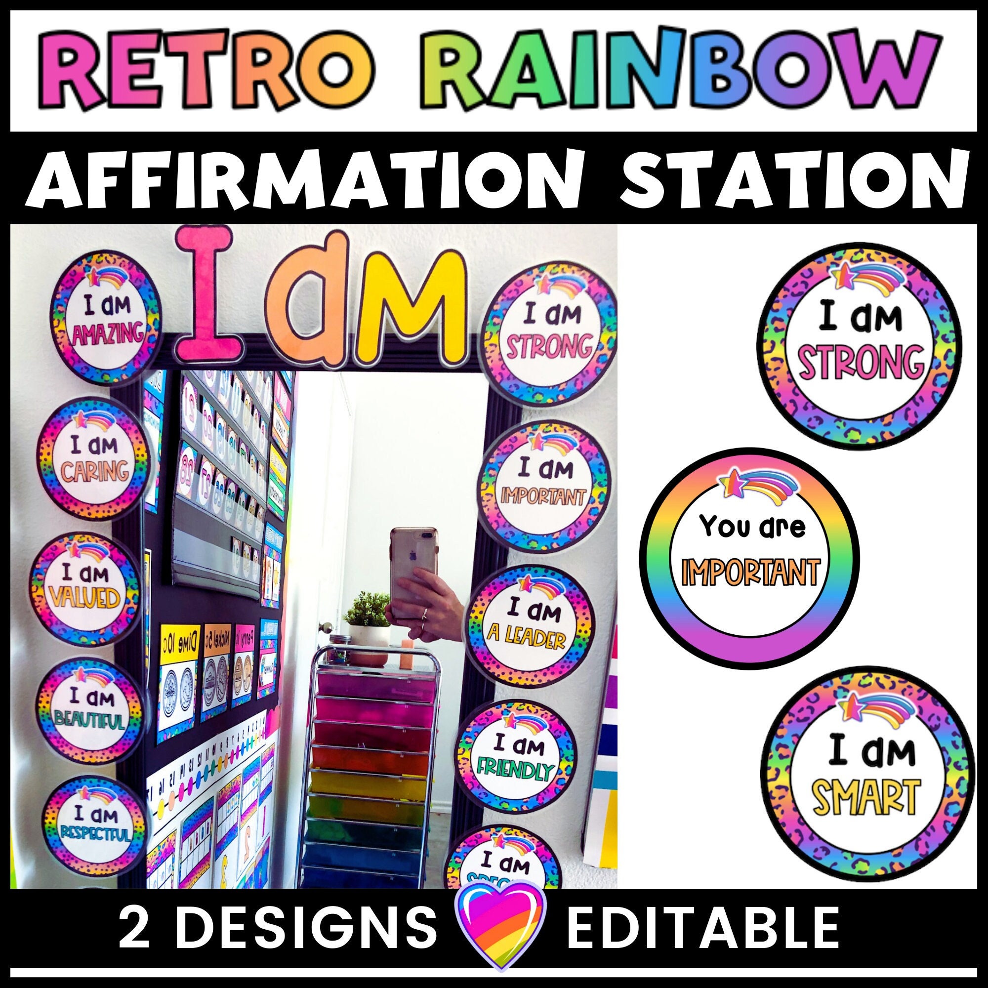 90s Retro Rainbow Editable Affirmation Station | Classroom Decor - Etsy