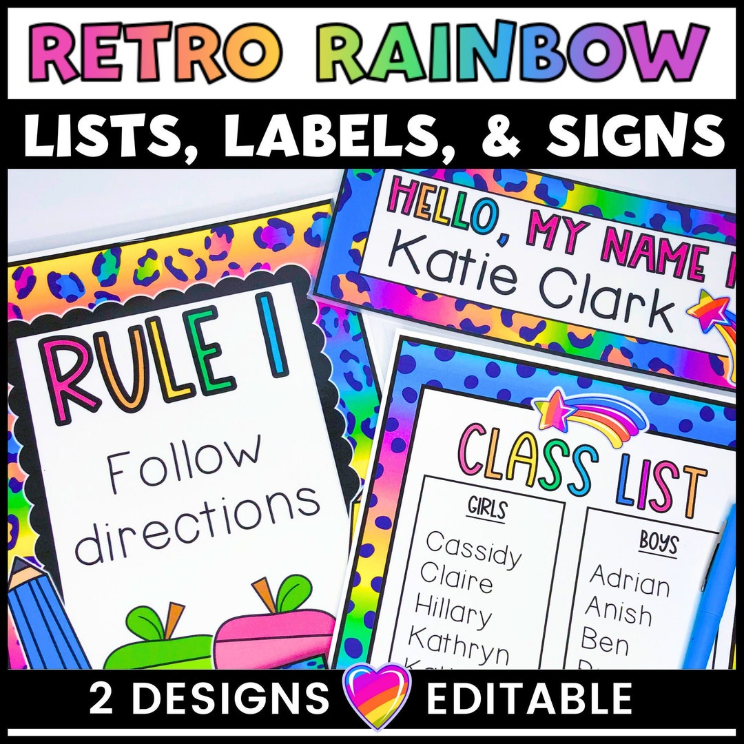 90s Retro Rainbow Editable Signs and Labels | Name Tags | Voice Level ...