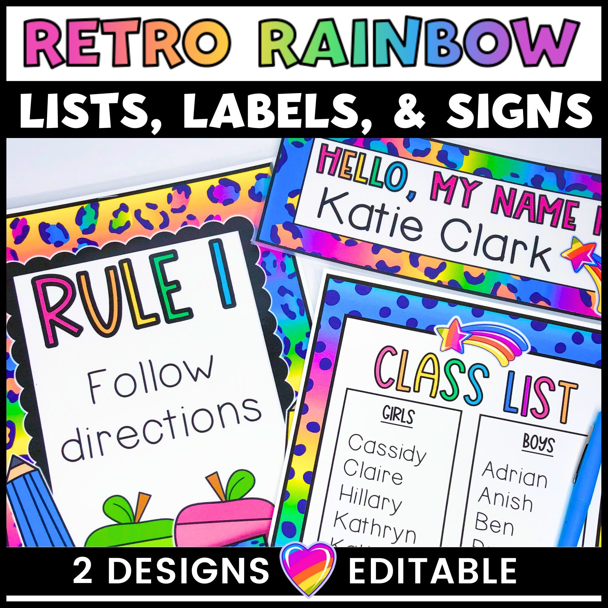 90s Retro Rainbow Editable Signs and Labels | Name Tags | Voice Level ...