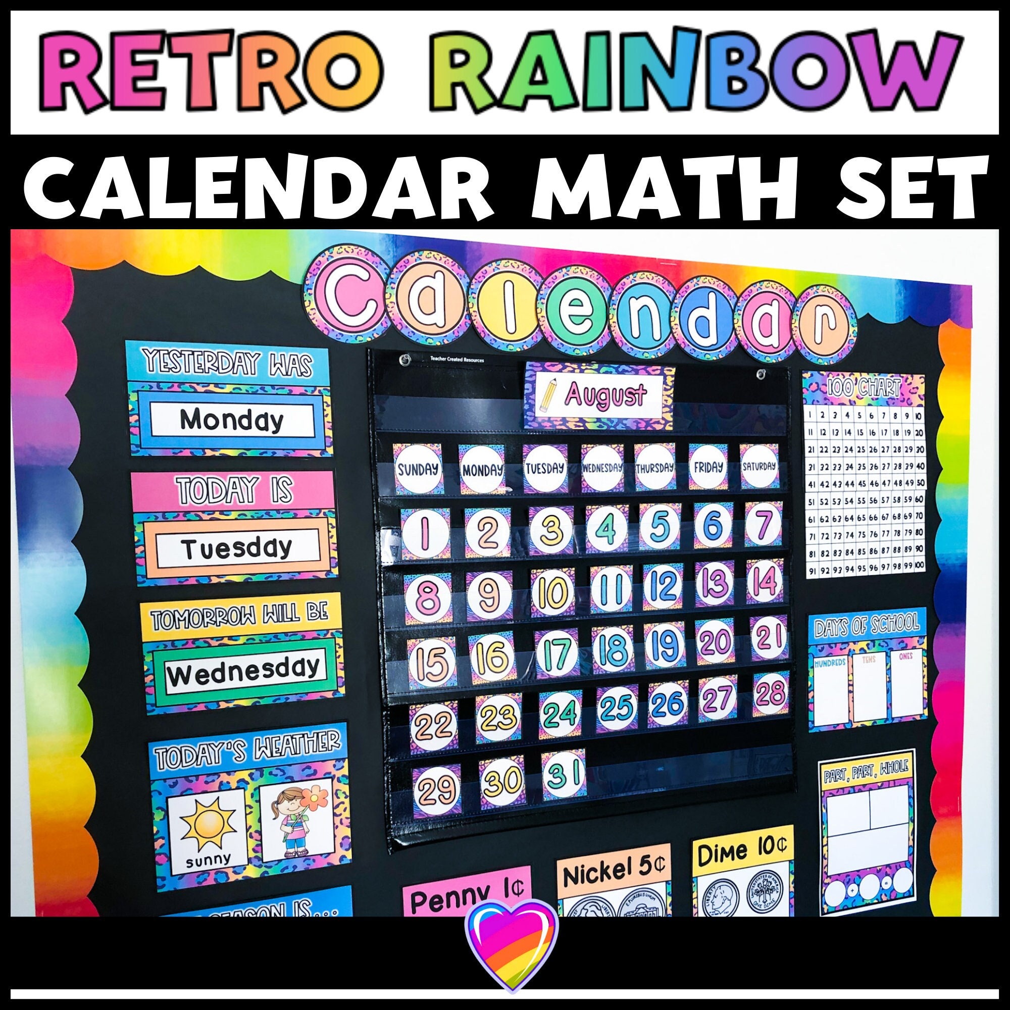 90s Retro Rainbow Calendar Math Set | Classroom Decor - Etsy
