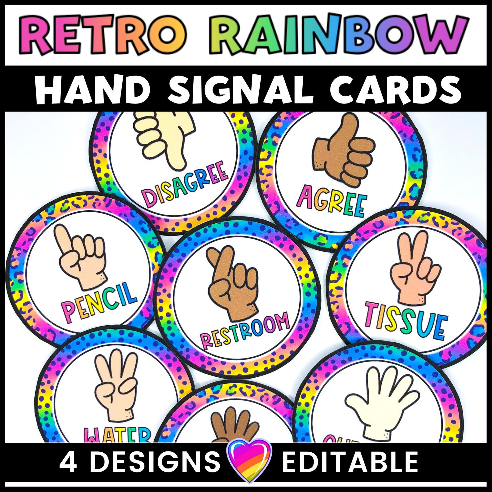 90s Retro Rainbow Editable Hand Signal Posters | Classroom Decor - Etsy