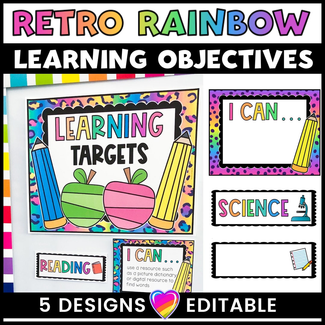 90s Retro Rainbow Editable Learning Objectives Bulletin Board ...