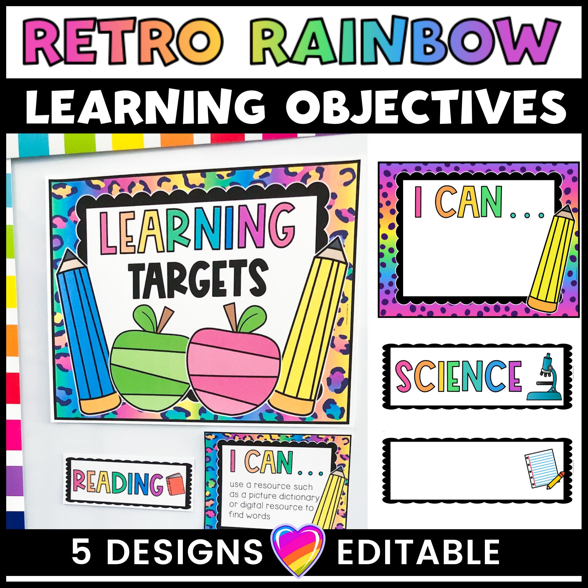 90s Retro Rainbow Editable Learning Objectives Bulletin Board ...