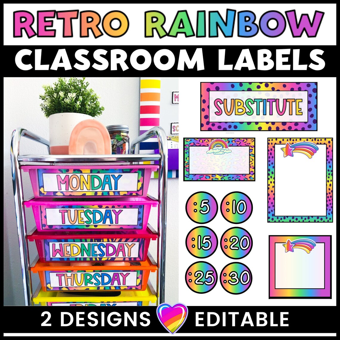 90s Retro Rainbow Editable Classroom Labels | Classroom Decor - Etsy