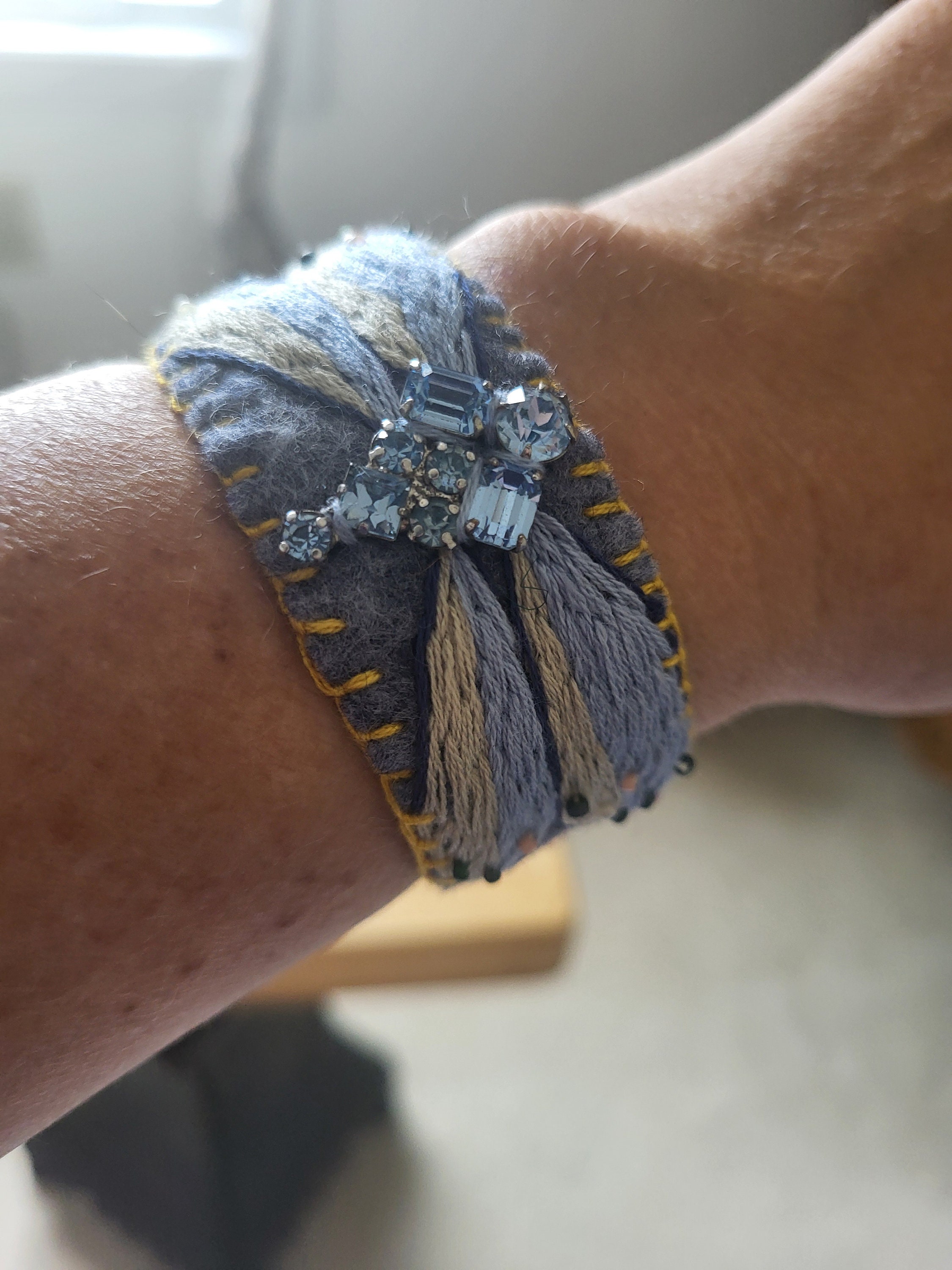 Felt Bracelet With Hand Embroidered Blue Dragonfly and Vintage Recycled ...