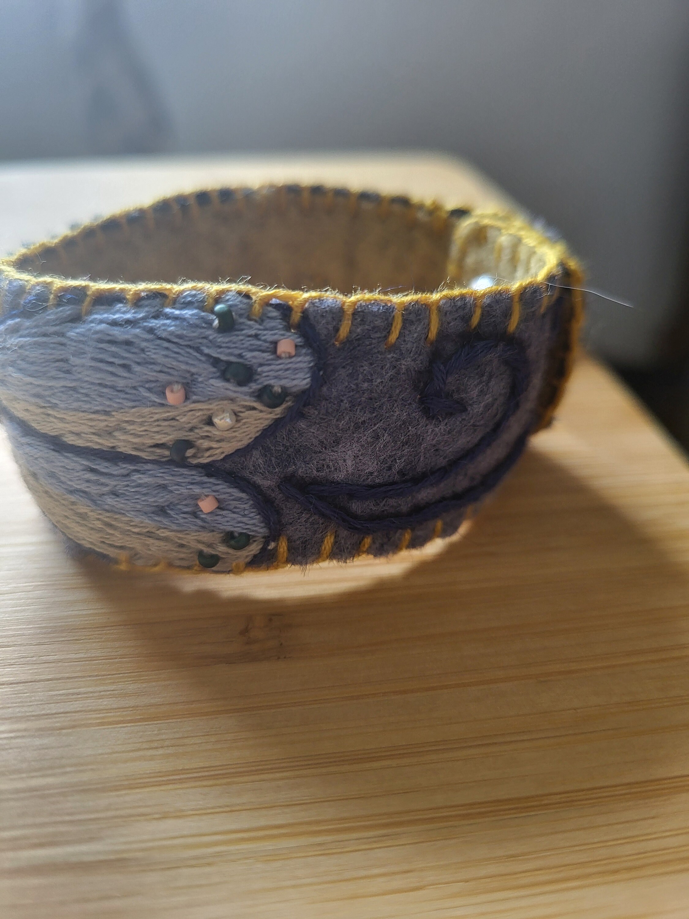 Felt Bracelet With Hand Embroidered Blue Dragonfly and Vintage Recycled ...