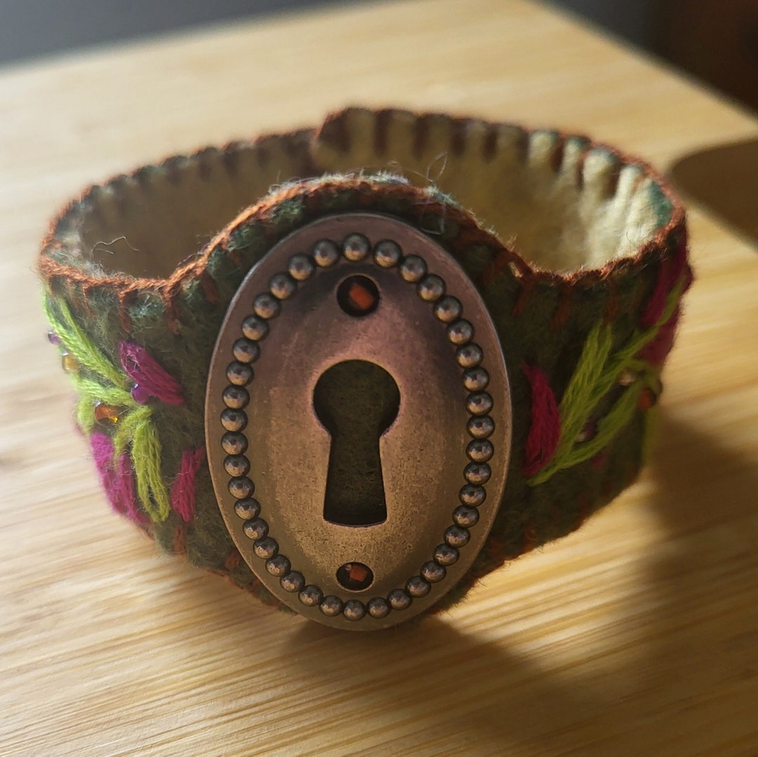 Felt Cuff Secret Garden Bracelet Hand Embroidered Fuchsia Flowers With ...