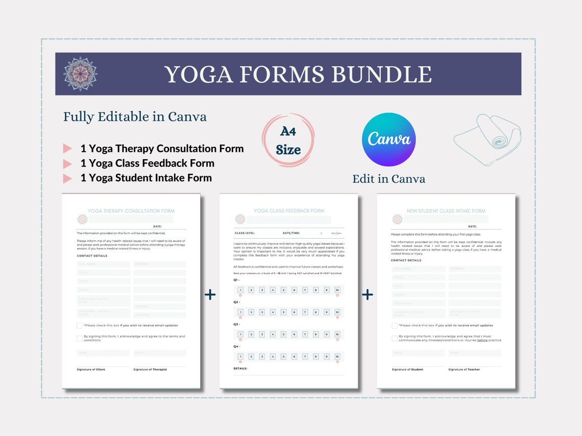 Yoga Forms Bundle, Editable Canva Templates, Forms for Yoga Teachers ...
