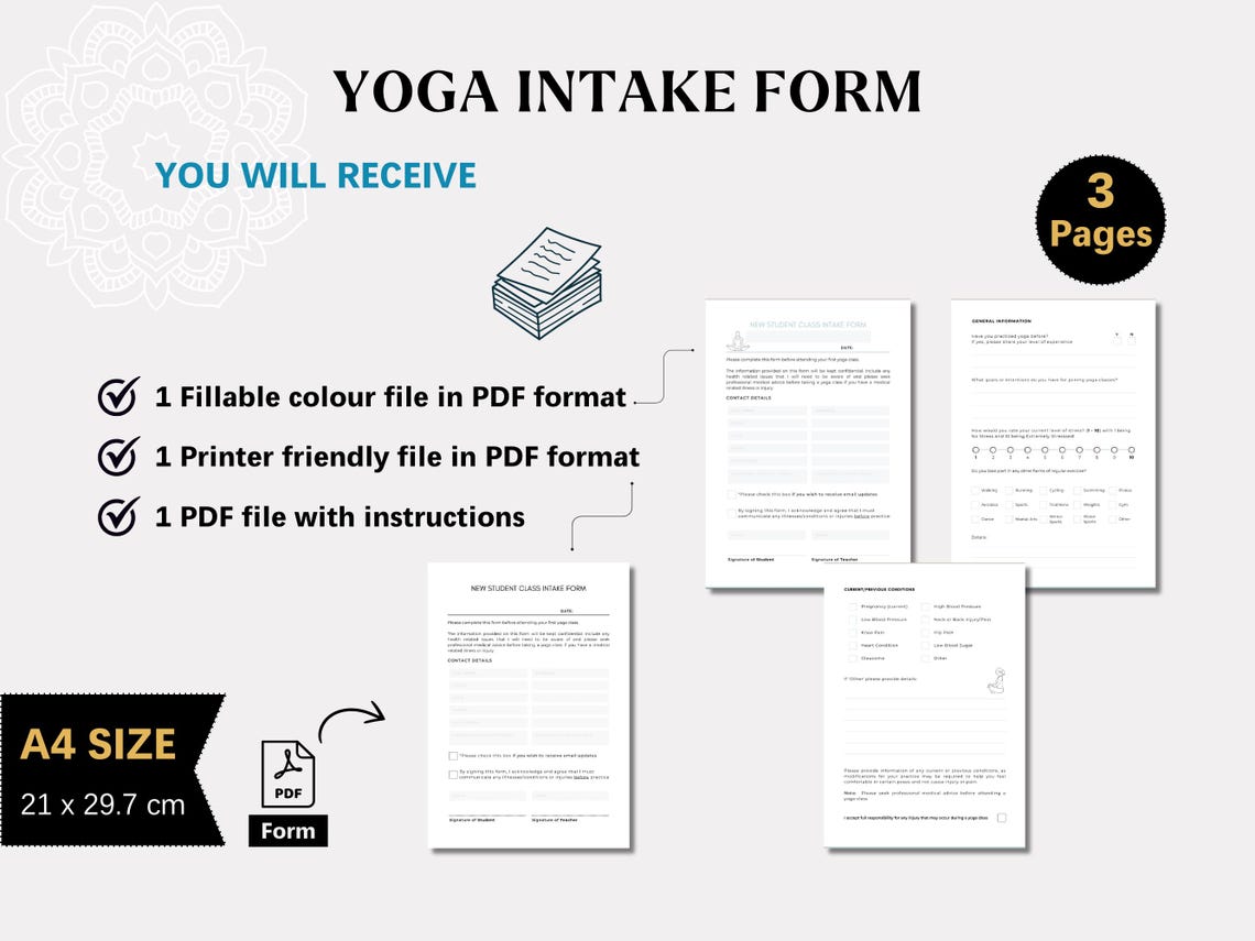 Yoga Student Intake Form, A4 Size Yoga Studio Form, Yoga Teacher, Yoga ...