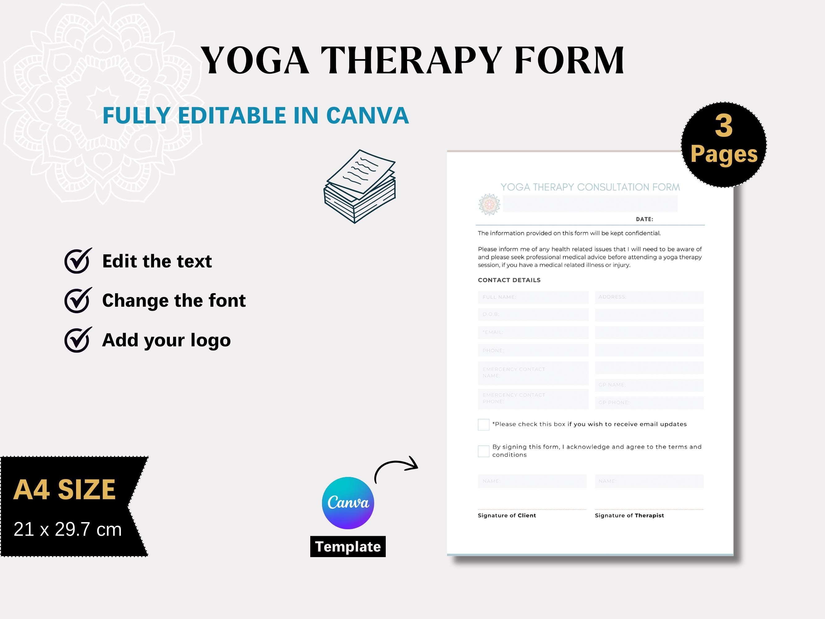 Yoga Therapy Form, Editable Canva Template, A4 Yoga Consultation Form ...