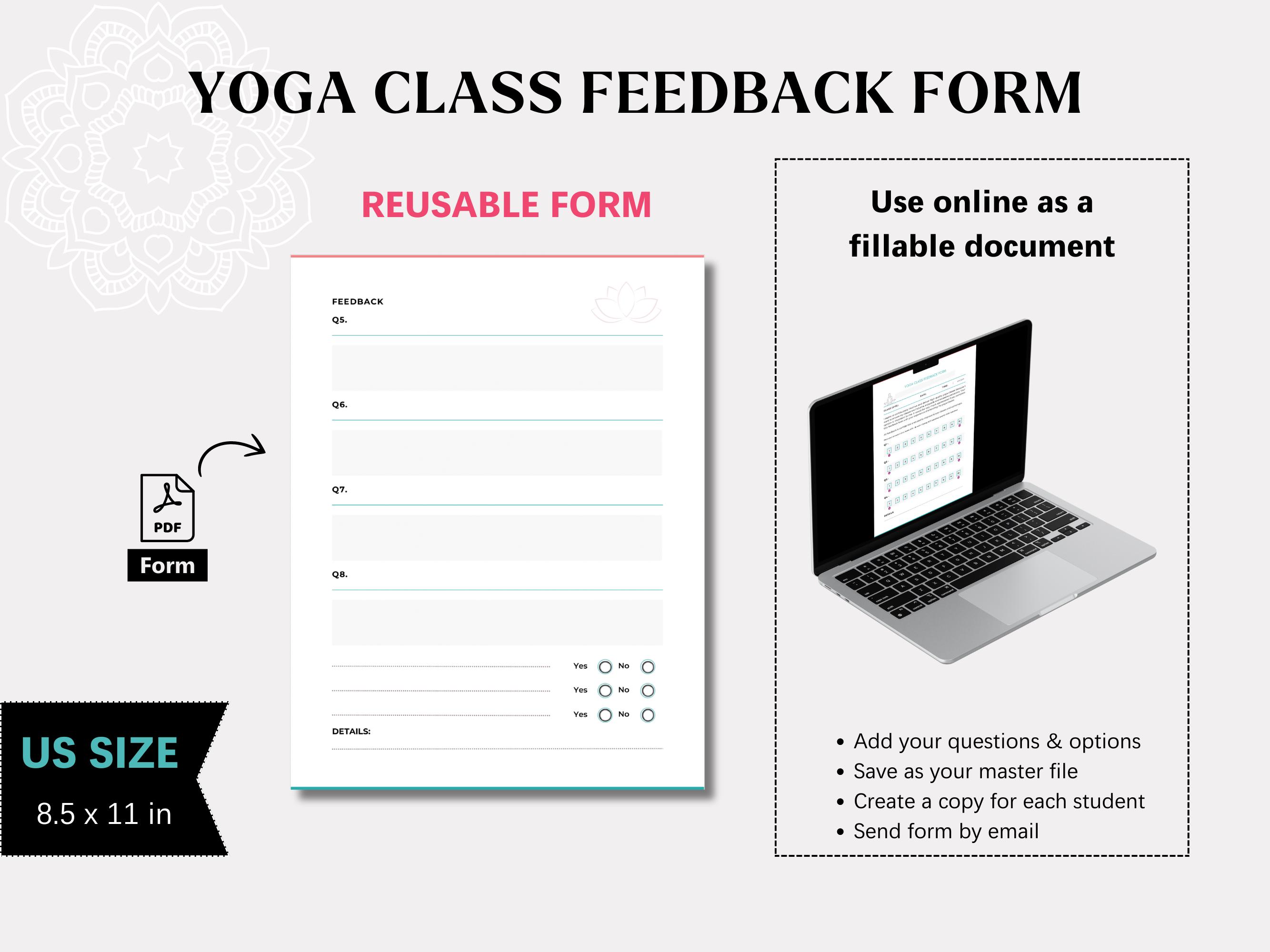 Yoga Class Feedback Form, US Size Fillable Yoga Business Form, Yoga ...