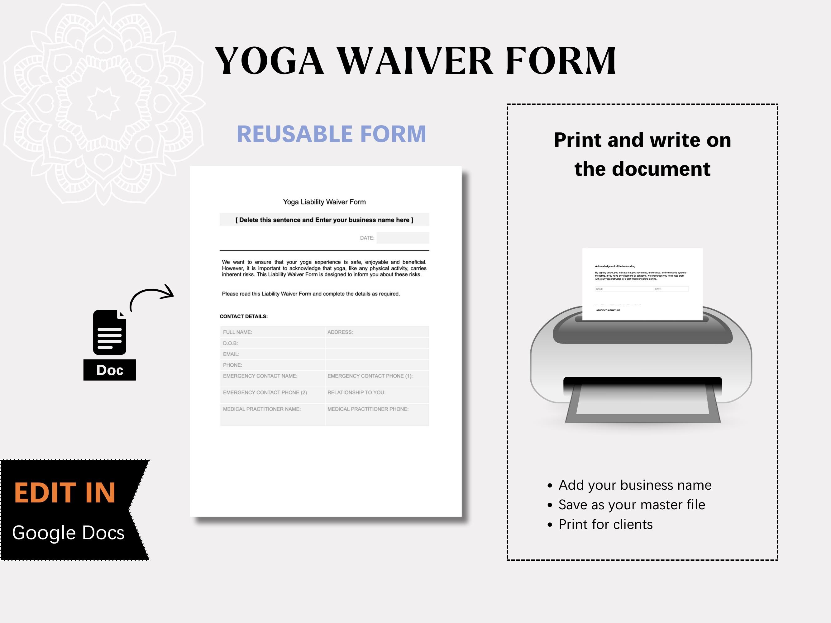 Yoga Waiver Form, Photo Video Release Form, Yoga Instructor Templates ...