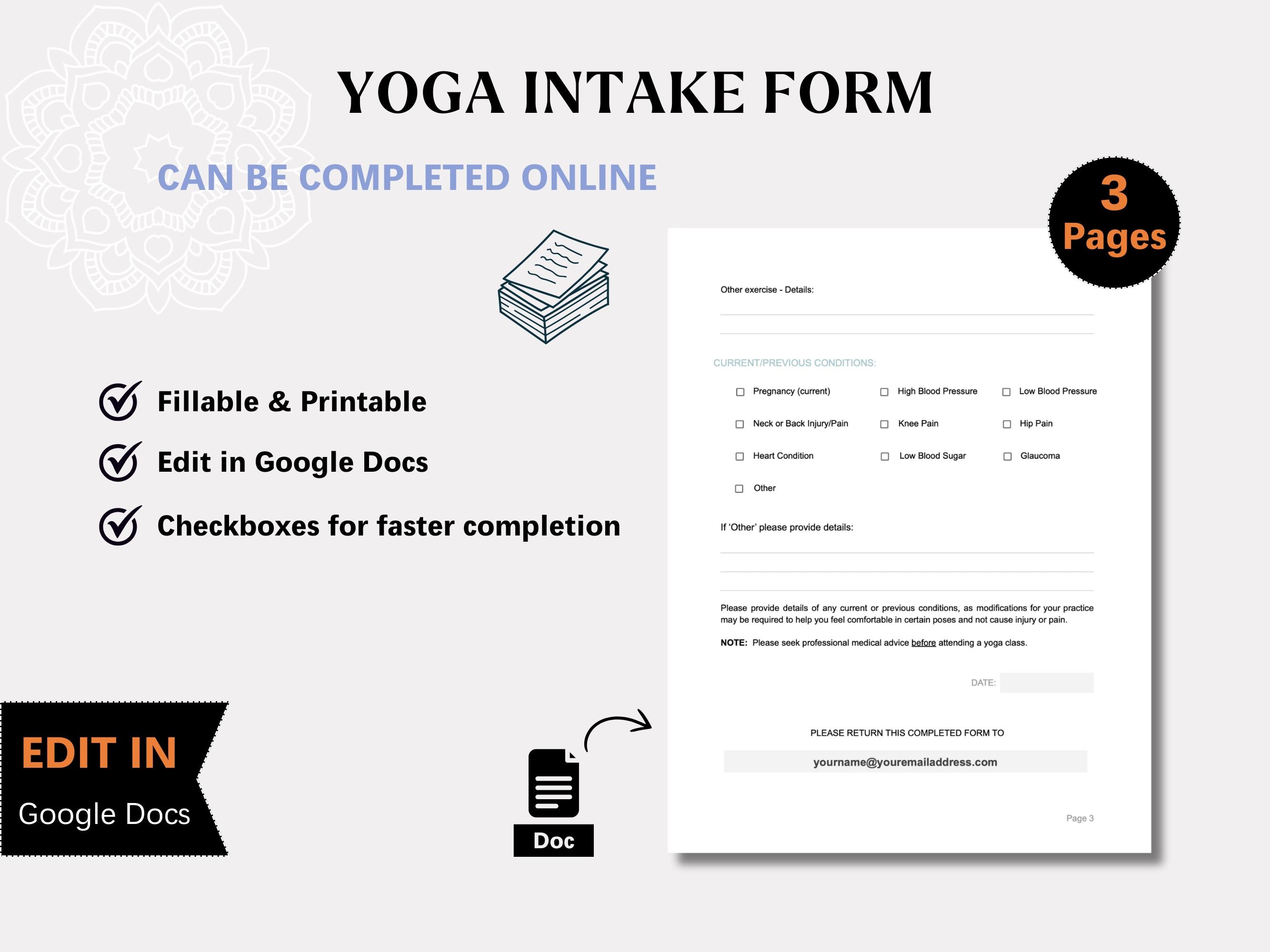 Yoga Intake Form, Editable Google Docs Yoga Class Registration Form ...
