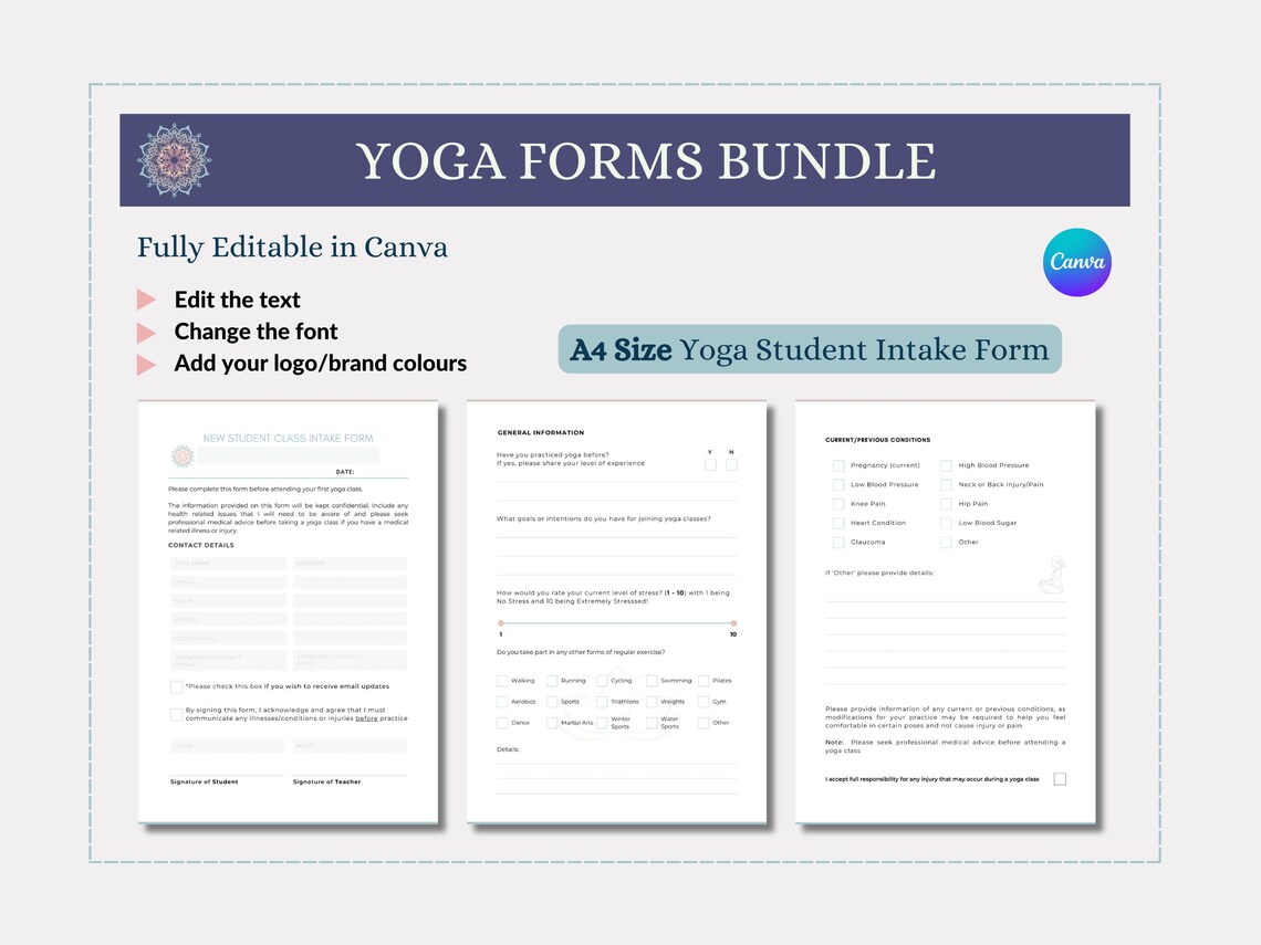 Yoga Forms Bundle, Editable Canva Templates, Forms for Yoga Teachers ...