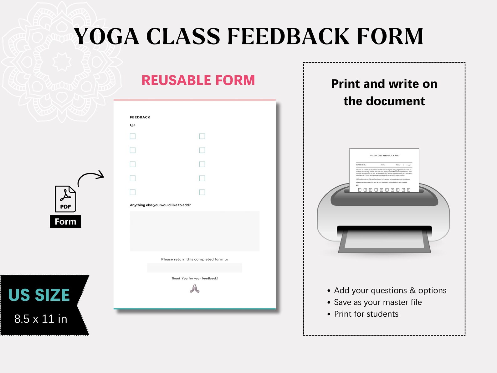 Yoga Class Feedback Form: US Size Fillable PDF for Instructors - Etsy