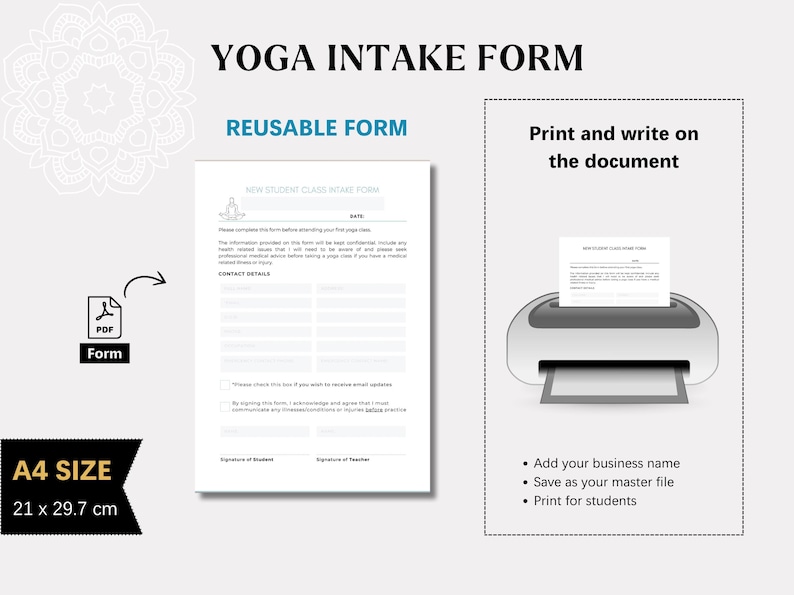 Yoga Student Intake Form, A4 Size Yoga Studio Form, Yoga Teacher, Yoga ...