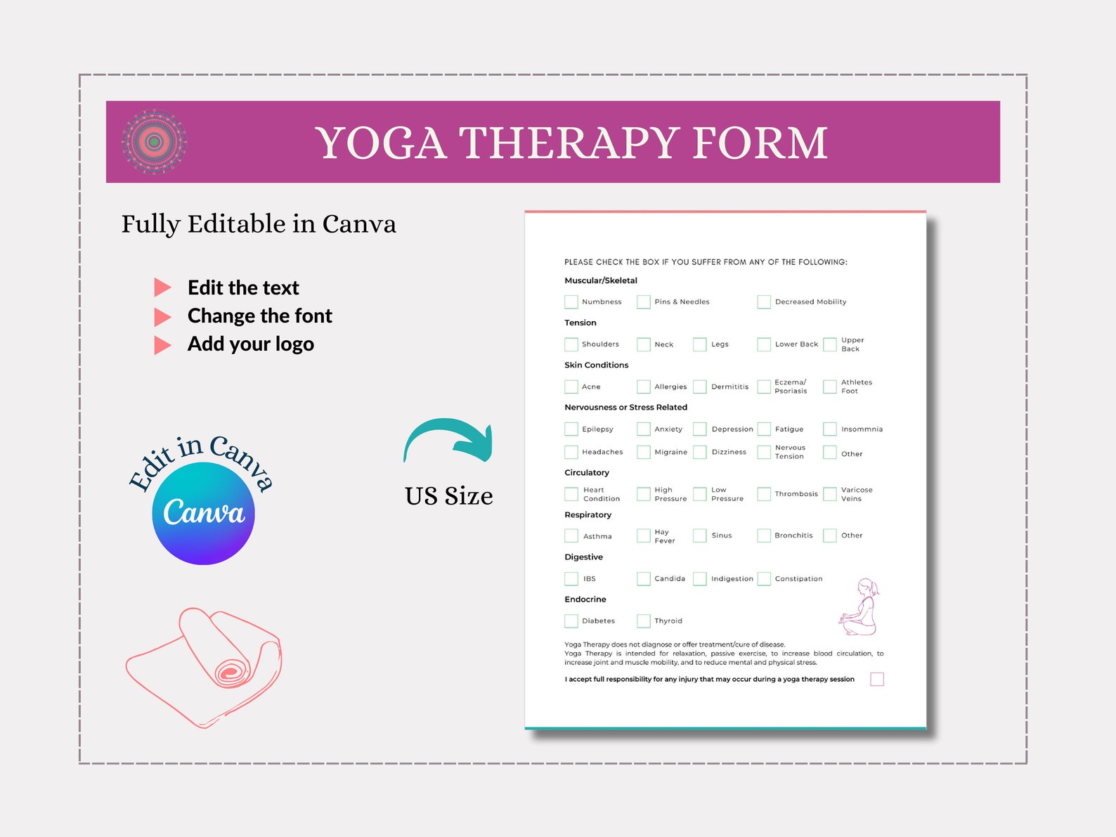 Yoga Consultation Form, Editable Canva Yoga Form, Yoga Teachers and ...
