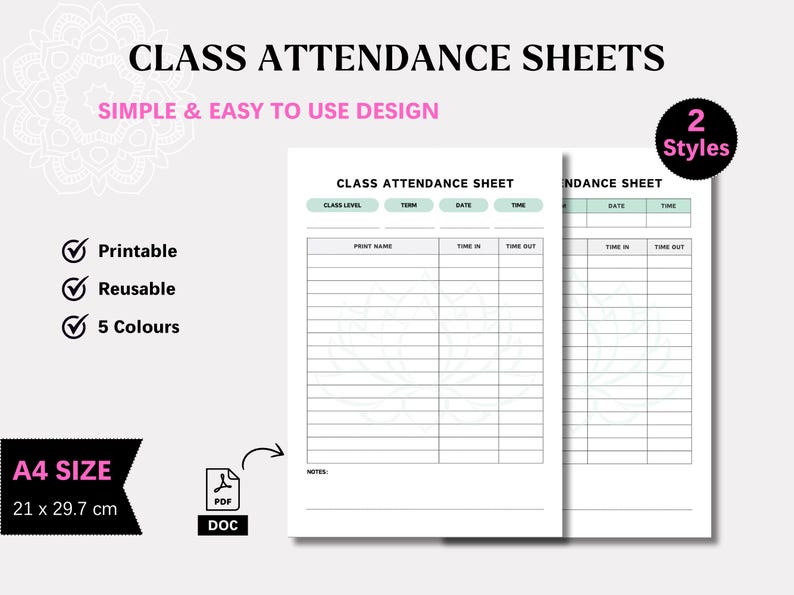 Yoga Class Attendance Sheets, Printable Yoga Studio Sign In, Sign Out ...