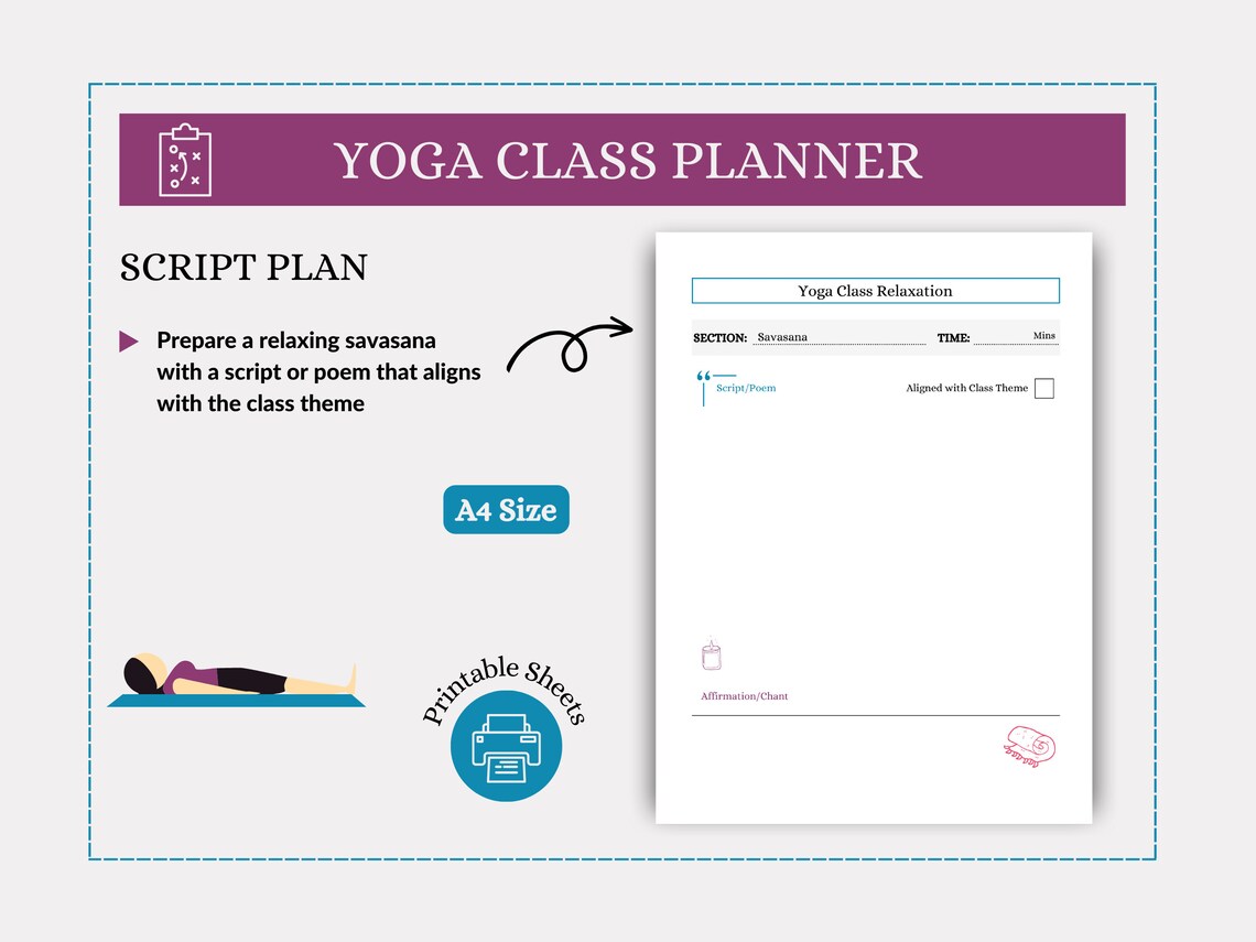 Yoga Class Planner, Printable Yoga Teacher Organiser, A4 Printable Yoga Class Plan, Yoga Class ...