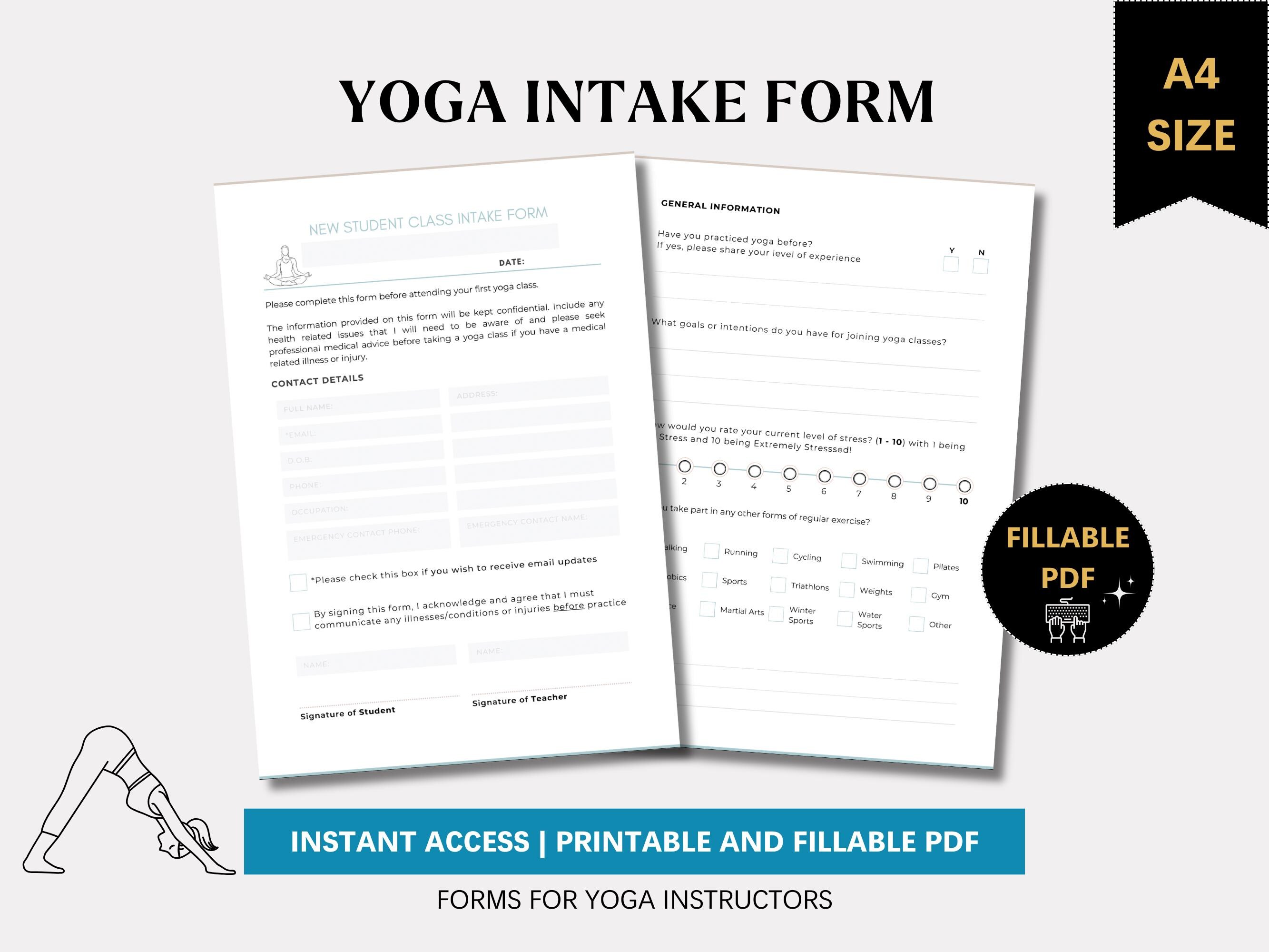 Yoga Student Intake Form, A4 Size Yoga Studio Form, Yoga Teacher, Yoga ...