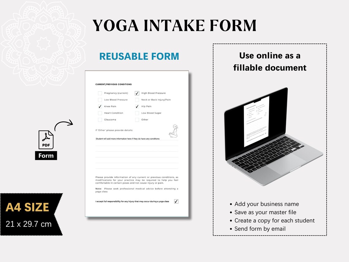 Yoga Student Intake Form, A4 Size Yoga Studio Form, Yoga Teacher, Yoga ...