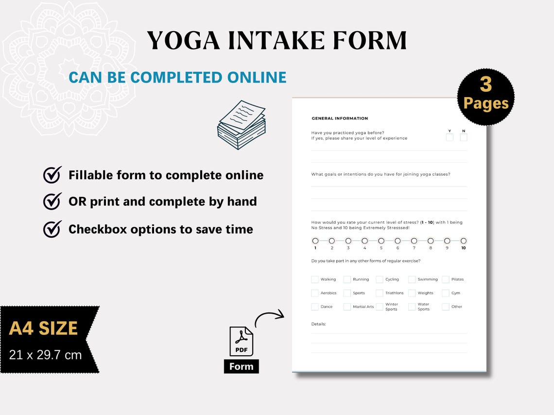 Yoga Student Intake Form, A4 Size Yoga Studio Form, Yoga Teacher, Yoga ...