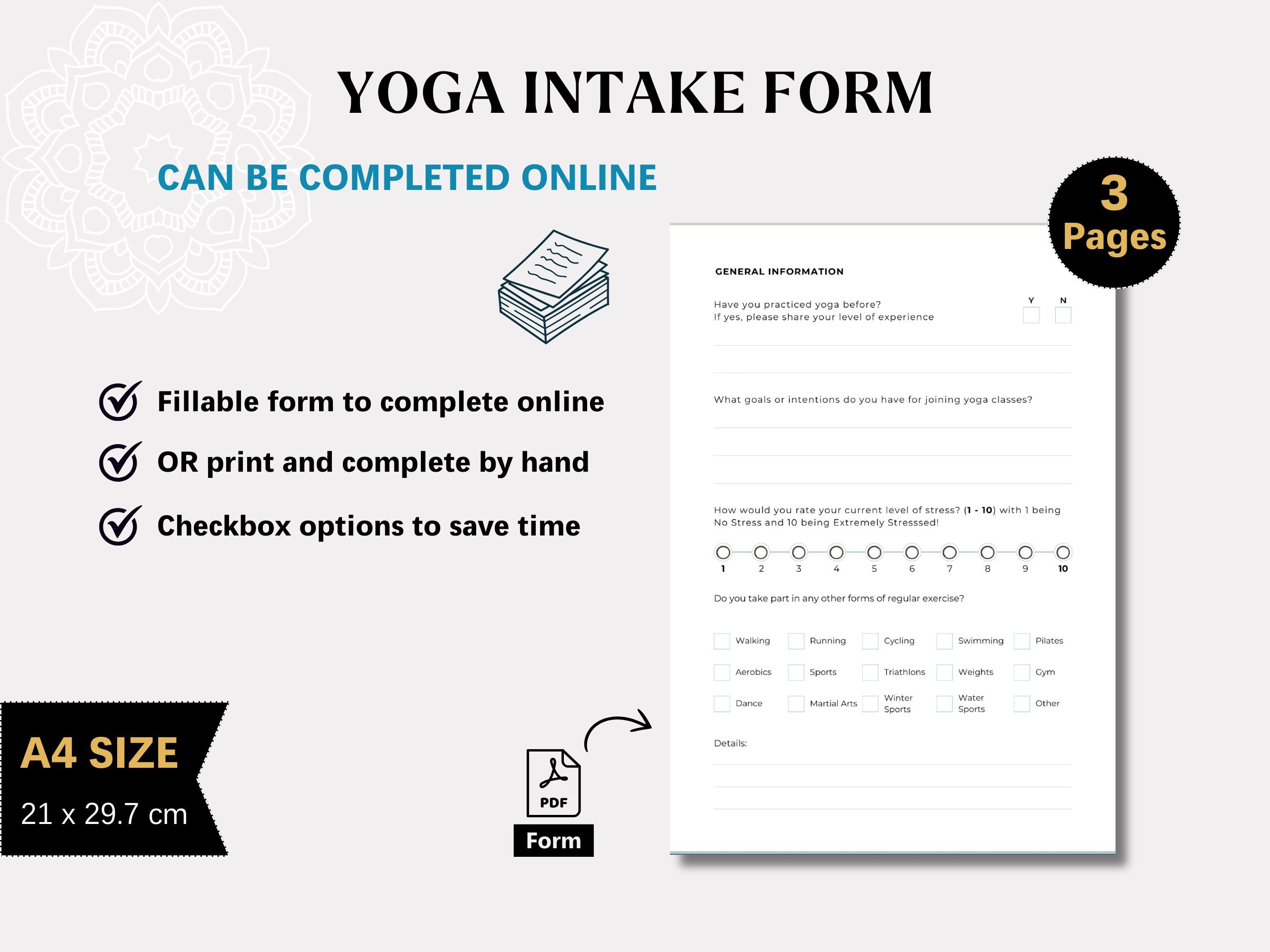 Yoga Student Intake Form, A4 Size Yoga Studio Form, Yoga Teacher, Yoga ...